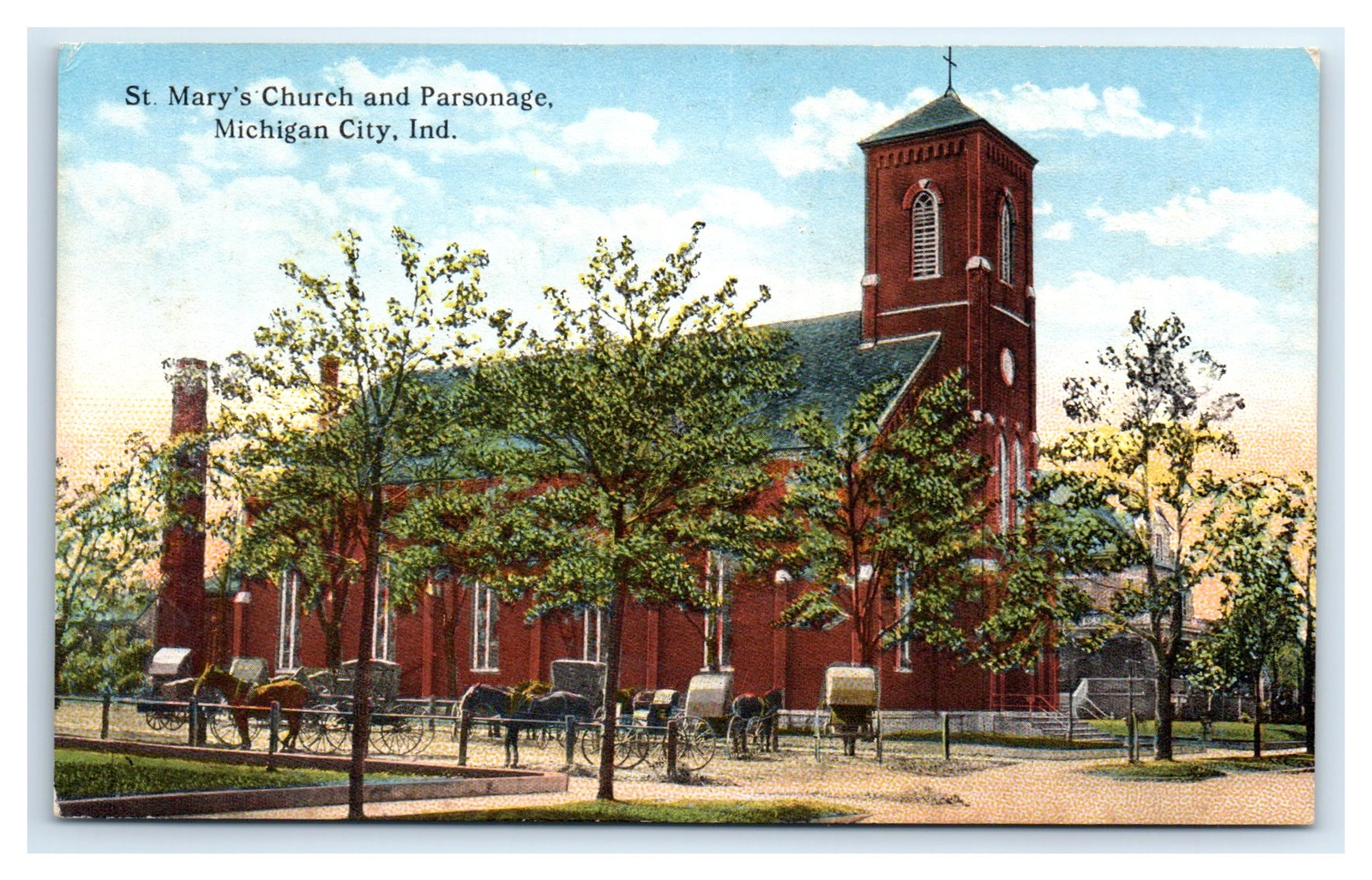 Michigan City, IN Postcard- SAINT MARYS CHURCH PARSONAGE Horses ...
