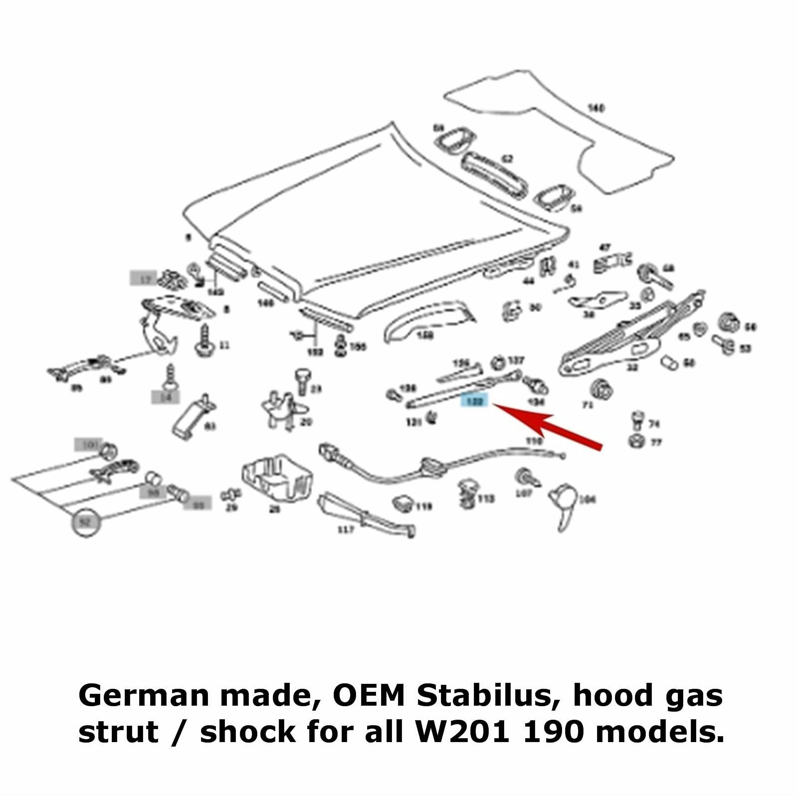 Hood Support Gas Spring Strut 1984-93 Mercedes 190D 190E German OEM ...