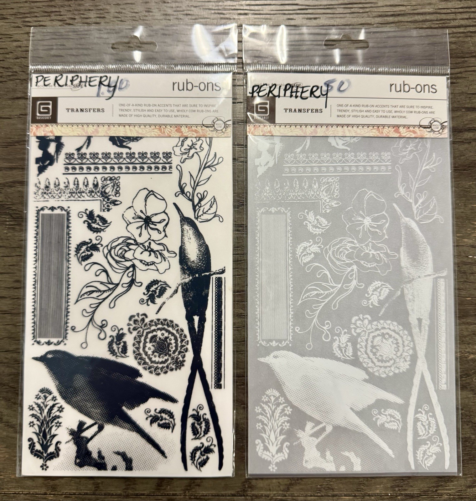 Basic Grey **PERIPHERY** Set of 2 RUB-ONS Transfers Black & White Birds ...
