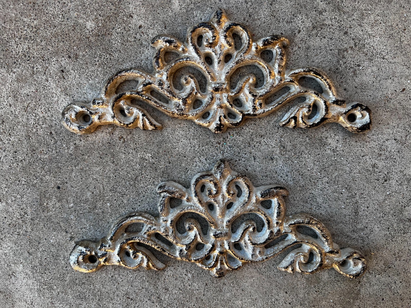 TWO Cast Iron Scroll Toppers, Cabinet Hardware, Wall Plaques, drawer ...