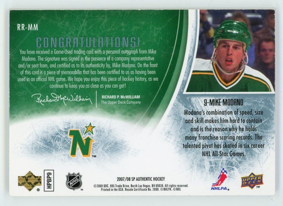Mike Modano 2007-08 SP Authentic Rookie Review Patch Auto /100 #RR-MM ...
