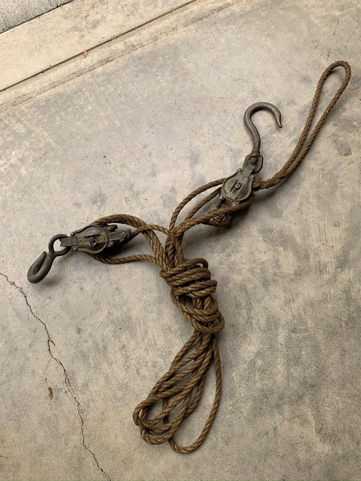 Antique Bell System lineman’s slack blocks complete with pulling hook ...