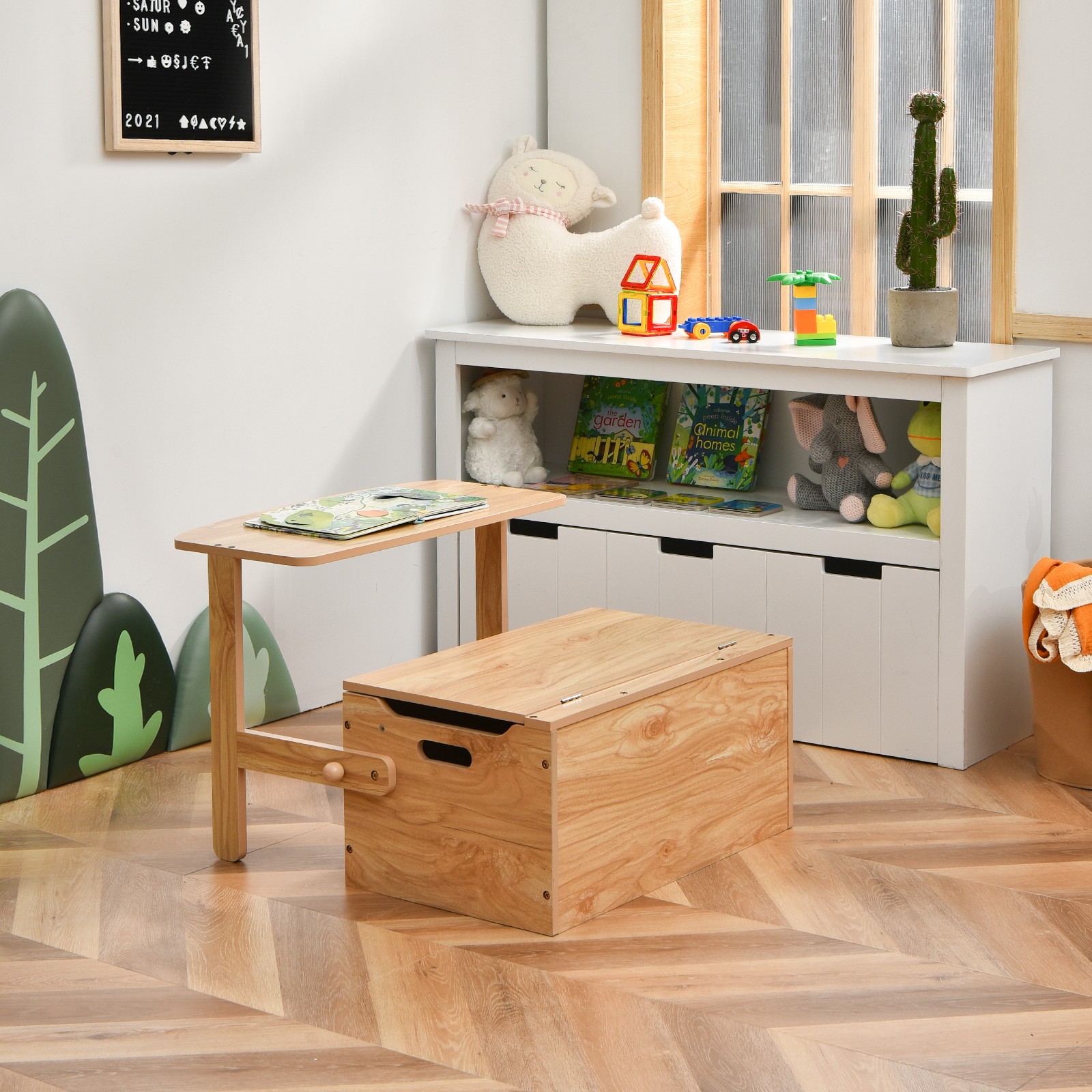 3-in-1 Kids Convertible Storage Bench Wood Activity Table and Chair Set ...