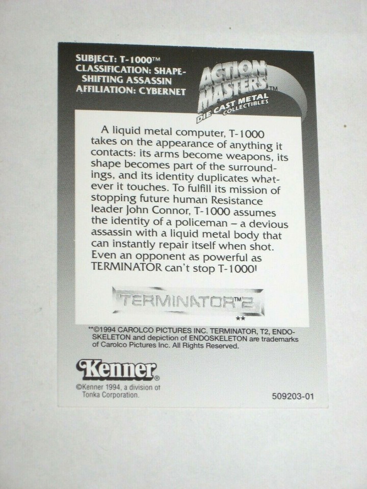 1994 TERMINATOR 2 T-1000 ACTION MASTERS KENNER PROMO CARD! CYBERNET ...
