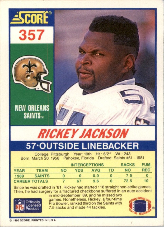 1990 Score #357 Rickey Jackson New Orleans Saints HOF Football Base ...