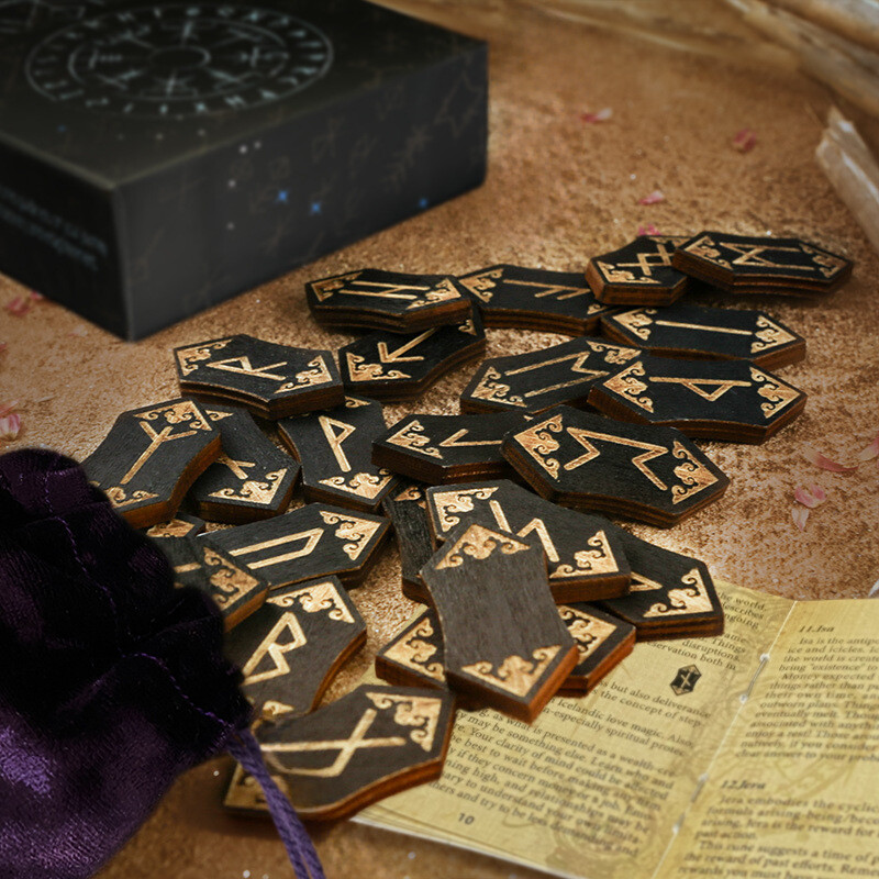 Black Wooden Runes Set Altar Tarot Prop Witch Wicca with Guidebook and ...