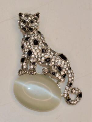 New Silvertone Black Clear Rhinestones CAT Shape on Moonstone Pendant ...
