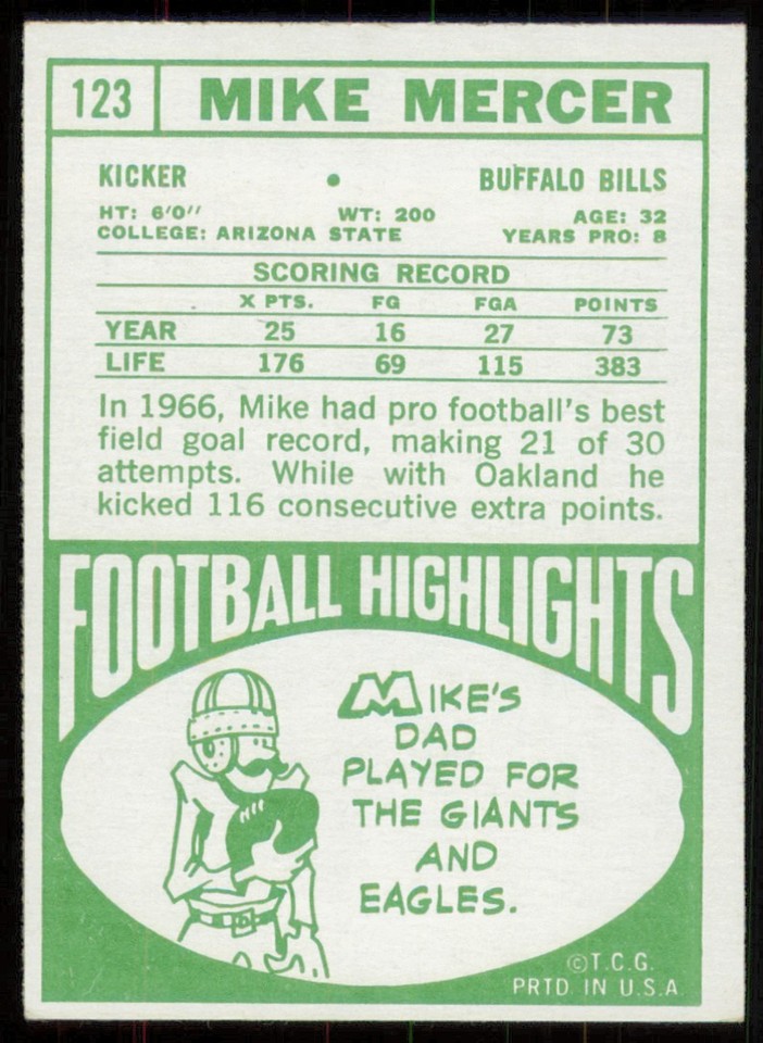 1968 TOPPS MIKE MERCER BUFFALO BILLS #123 EX-NM | eBay