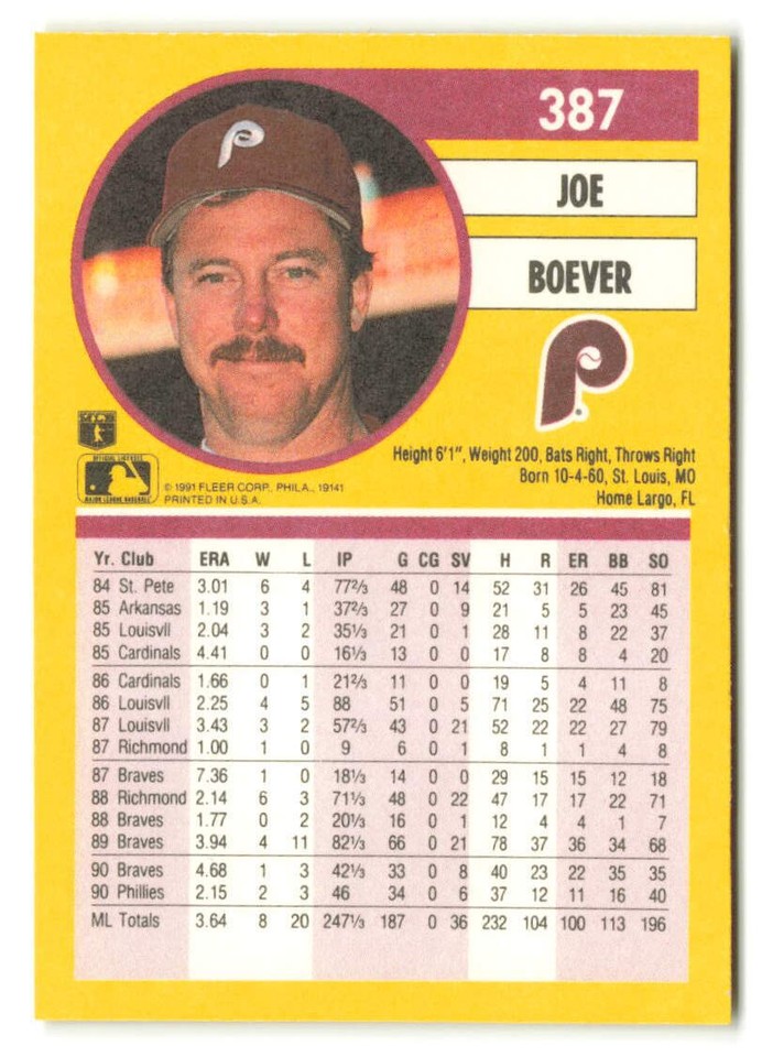 1991 Fleer Joe Boever #387 Philadelphia Phillies BASEBALL Card | eBay