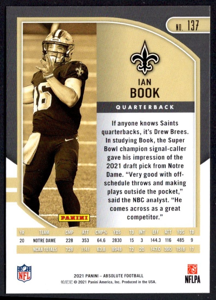 Ian Book 2021 Panini Absolute Rookie Card RC #137 New Orleans Saints | eBay