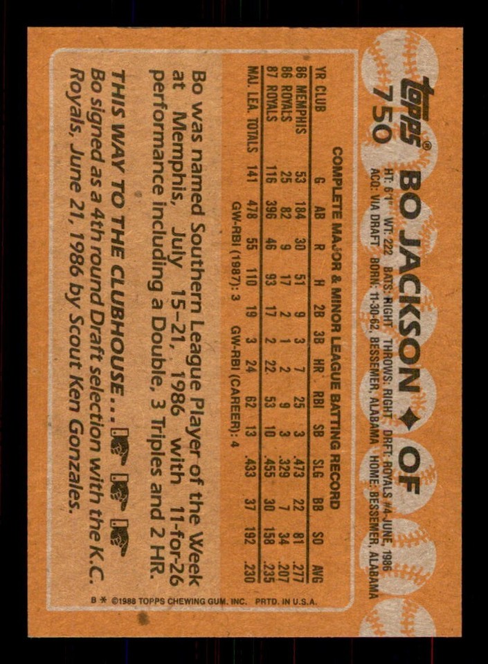 1988 Topps Baseball #750 Bo Jackson NM/MT or Better *d4 | eBay