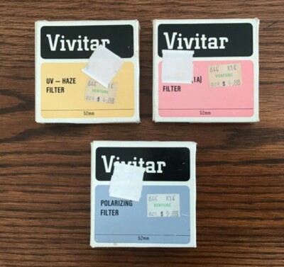 Lot of 3 Vivitar Lens Filters 52mm UV-Haze Polarizing and Skylight IOB ...