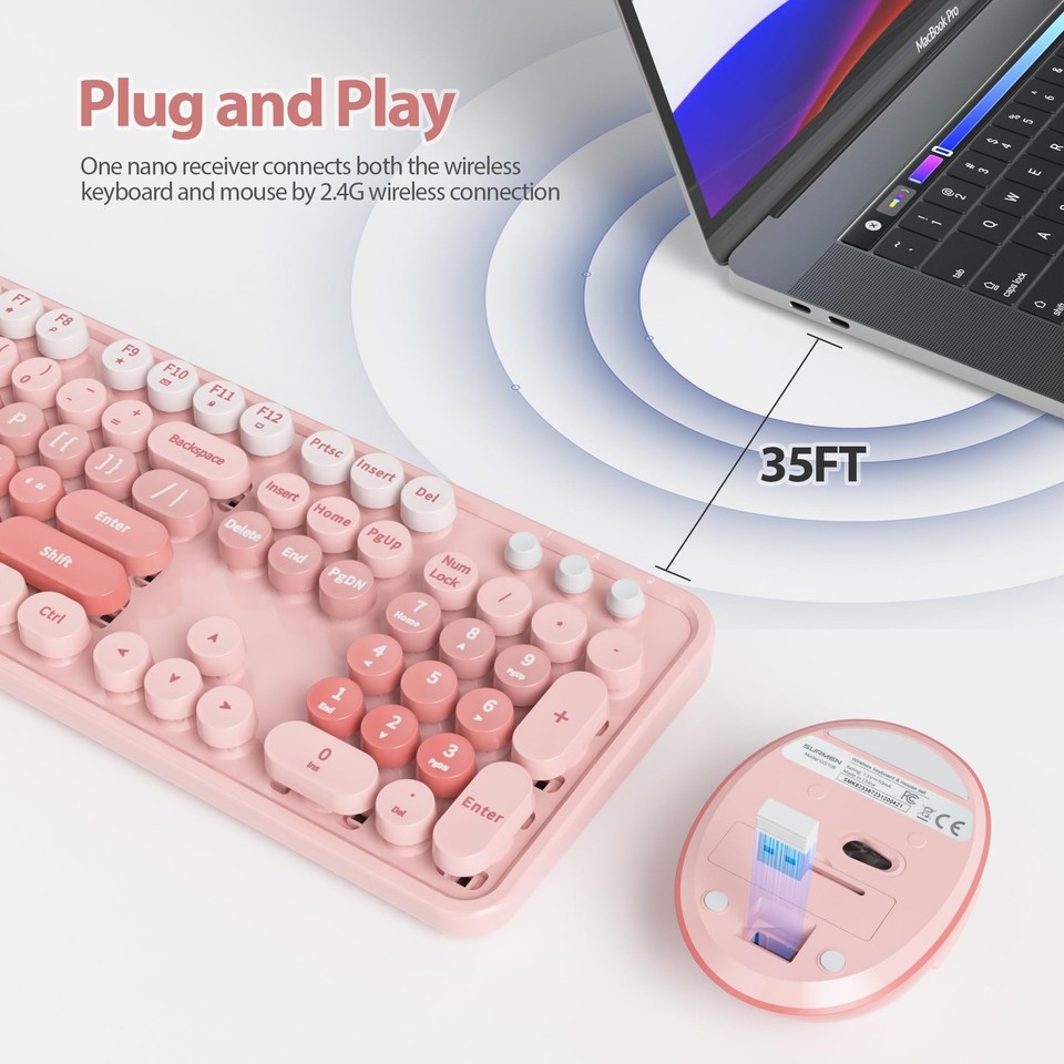 Fogruaden Pink Retro Typewriter Keyboard and Mouse Wireless, 2.4GHz ...