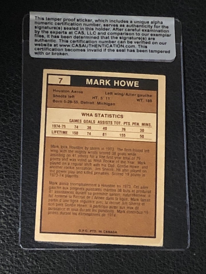 MARK HOWE 1975-76 O-PEE-CHEE WHA ROOKIE SIGNED AUTOGRAPHED CARD CAS ...