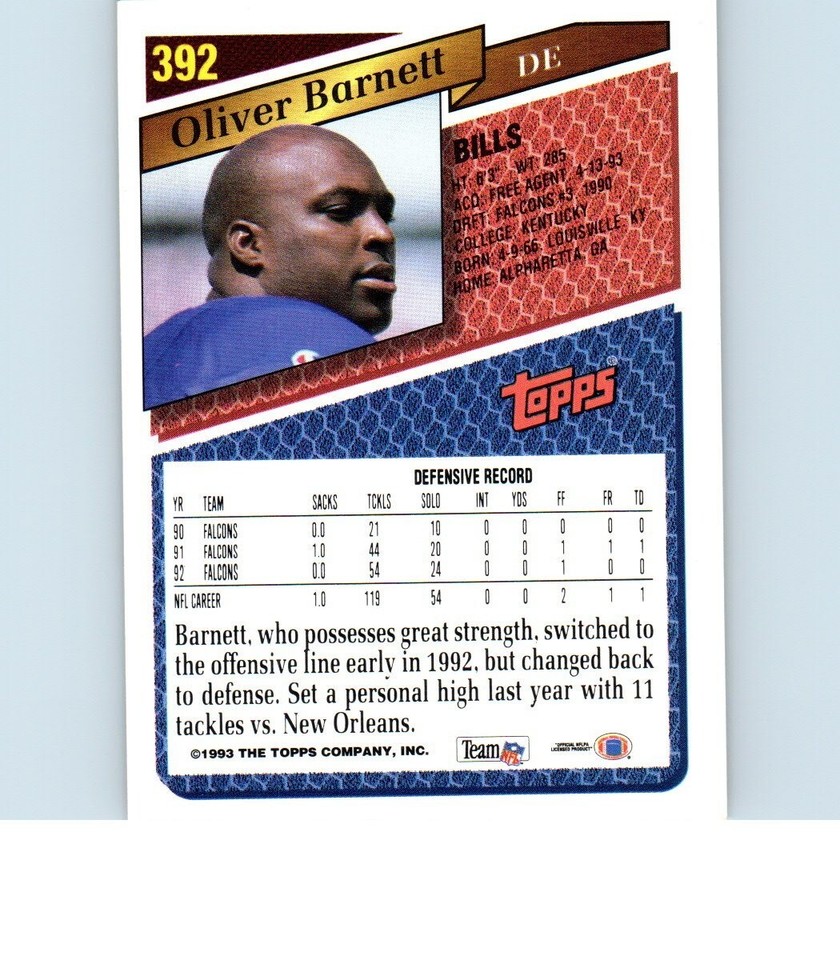 Oliver Barnett 392 Bills 1993 Topps Football Trading Card | eBay