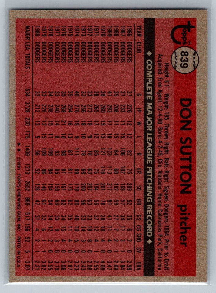 1981 Topps Traded #839 Don Sutton Set Break Near Mint or Better | eBay
