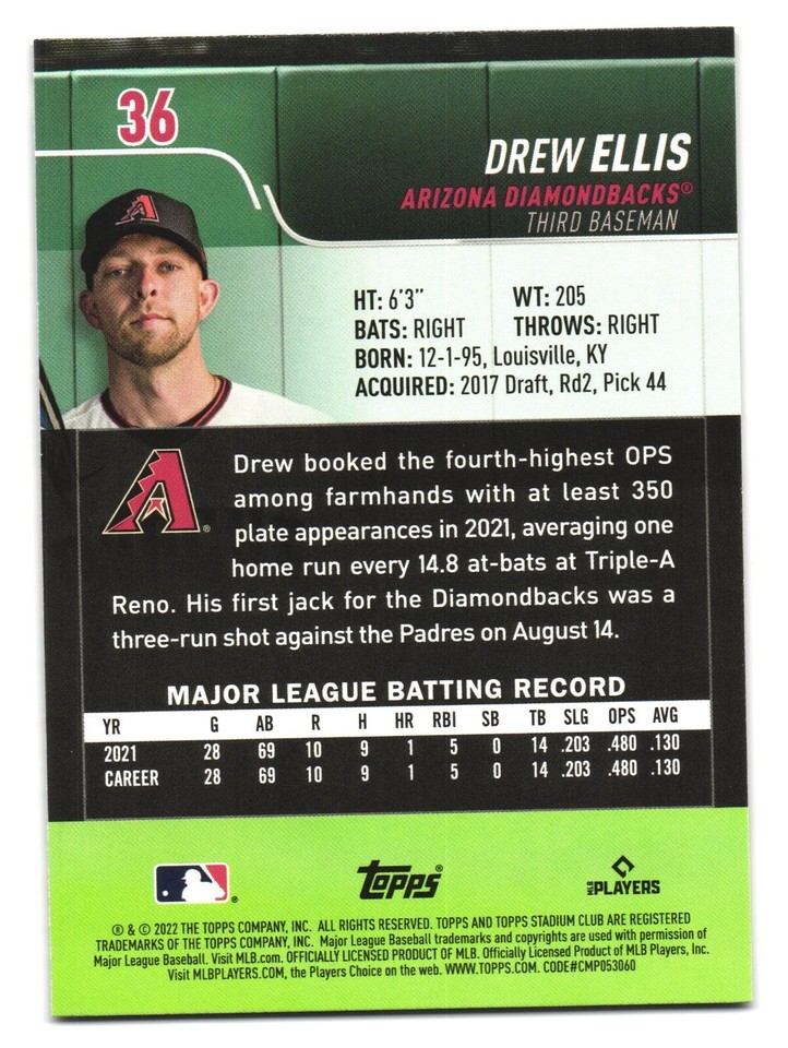 2022 Topps Stadium Club #36 Drew Ellis RC Rookie Card Arizona ...