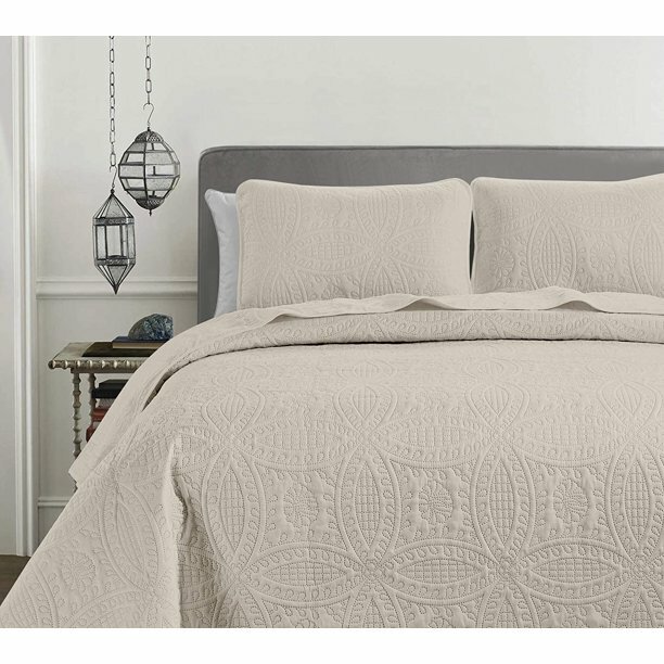 Ivory Cream Embossed Oversized 3 pc Quilt Set Queen King Bed Coverlet ...