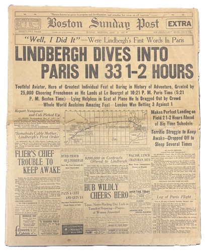 Charles Lindbergh Transatlantic Flight Boston Sunday Post May 22 1927 ...