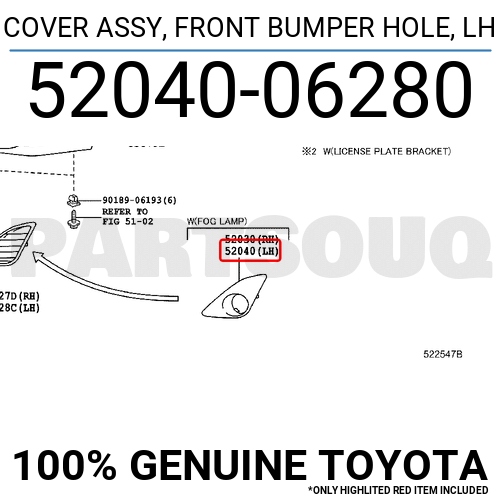 52040-06280 Toyota Cover ASSY Front Bumper Hole LH 5204006280 Genuine ...