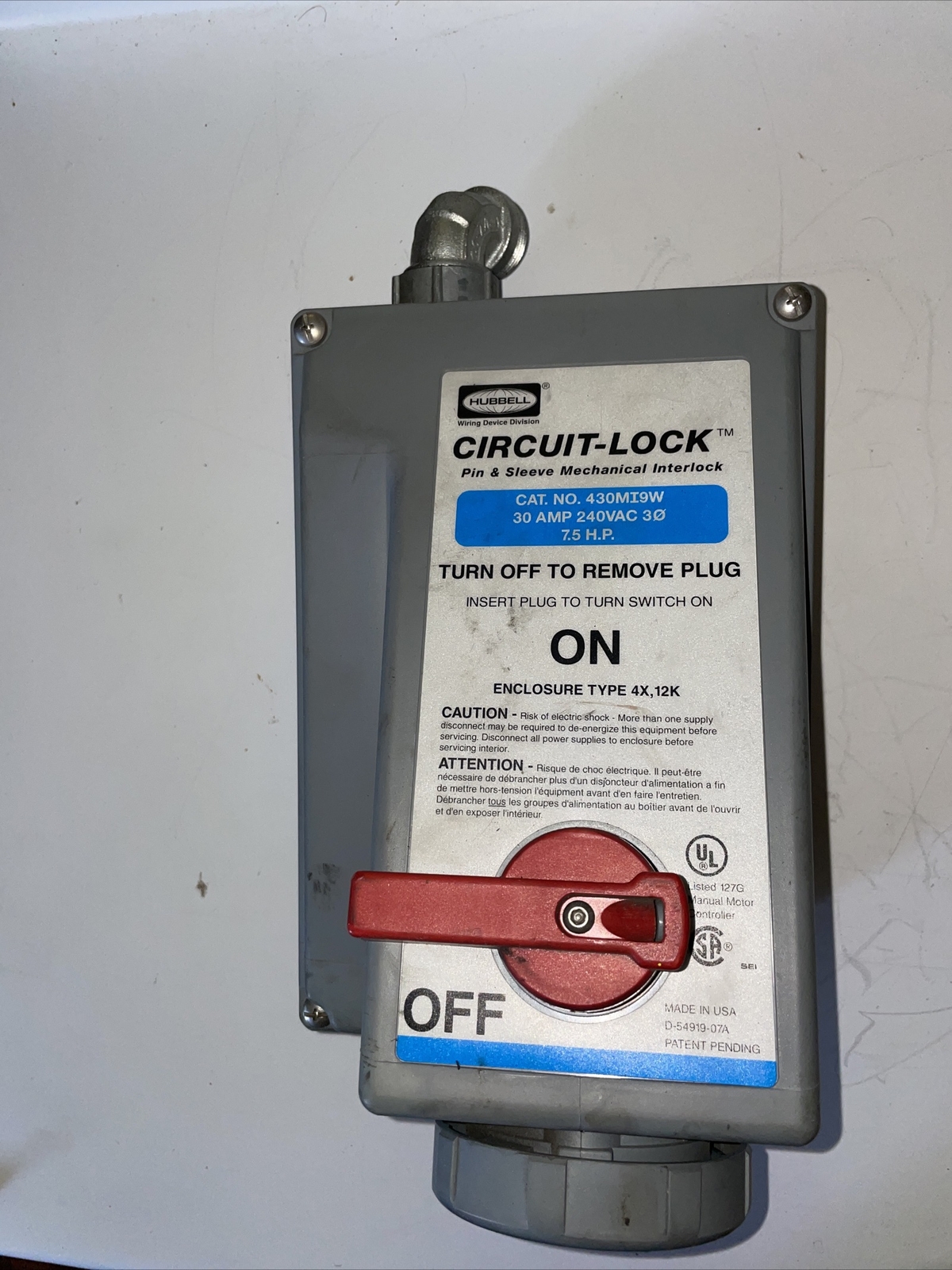 HUBBELL CIRCUIT-LOCK 30 AMP PIN & SLEEVE MECHANICAL INTERLOCK 240V HBL ...