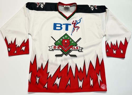 Vintage Shine Dog Cardiff Devils Elite Ice Hockey Jersey Sz 35 UK White ...
