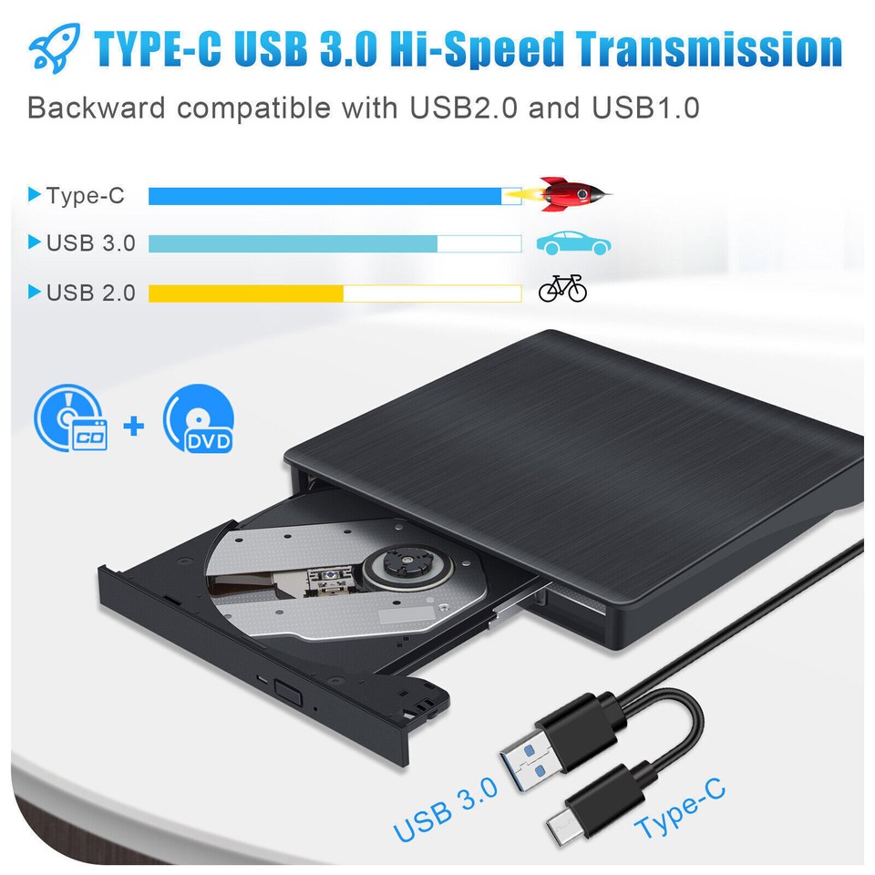 USB 3.0 Slim External CD DVD Drive Disc Burner Writer Recorder For ...