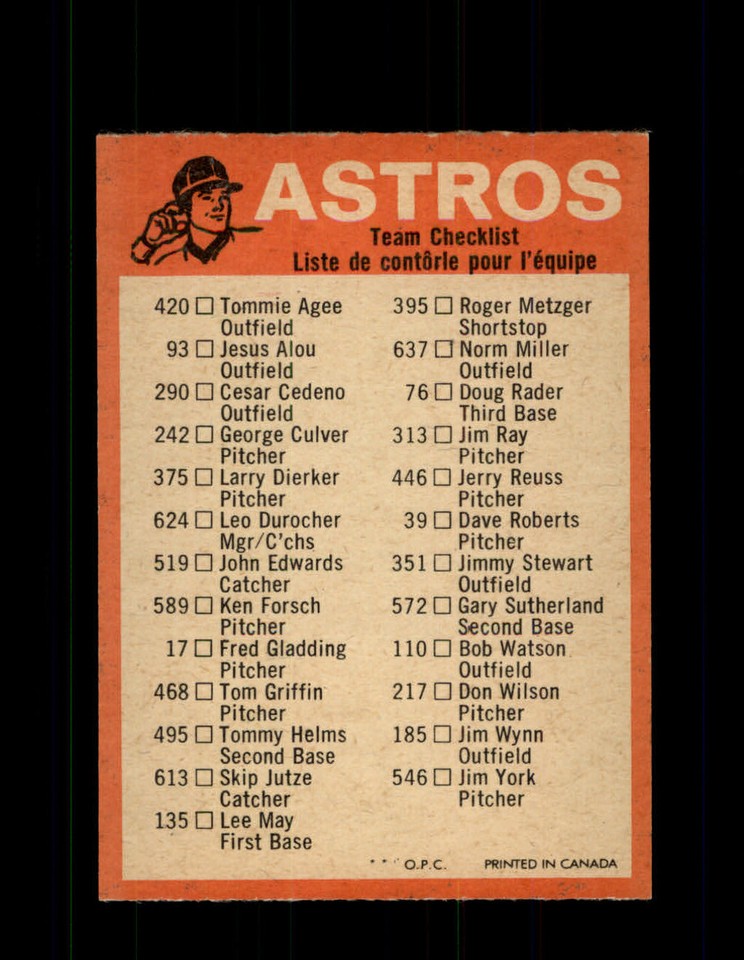 1973 HOUSTON ASTROS OPC TEAM CHECKLIST O-PEE-CHEE *4470 | eBay