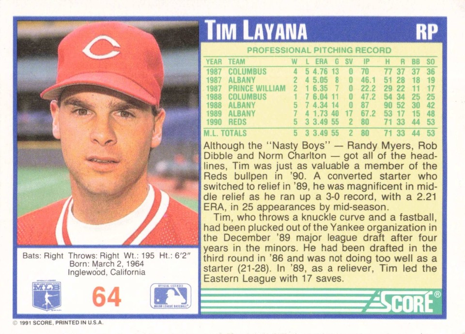 Tim Layana Cincinnati Reds 1991 Score Baseball Trading Card MLB #64 | eBay