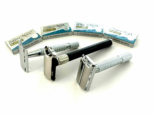 3 PCS OLD FASHION VINTAGE CLASSIC SAFETY RAZORS + 20 RAZOR BLADES GIFT ...