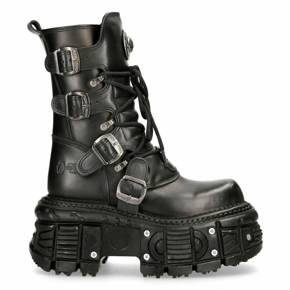 NEW ROCK BOOTS TANK373-S1 Black Leather Unisex Combat Platform Biker ...