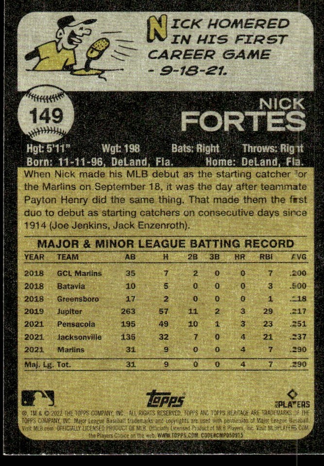 2022 Topps Heritage Baseball Nick Fortes RC Auto Miami Marlins #149 ...