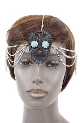 Women Silver Metal Head Chain Black Skeleton Skull Halloween Mask Long ...