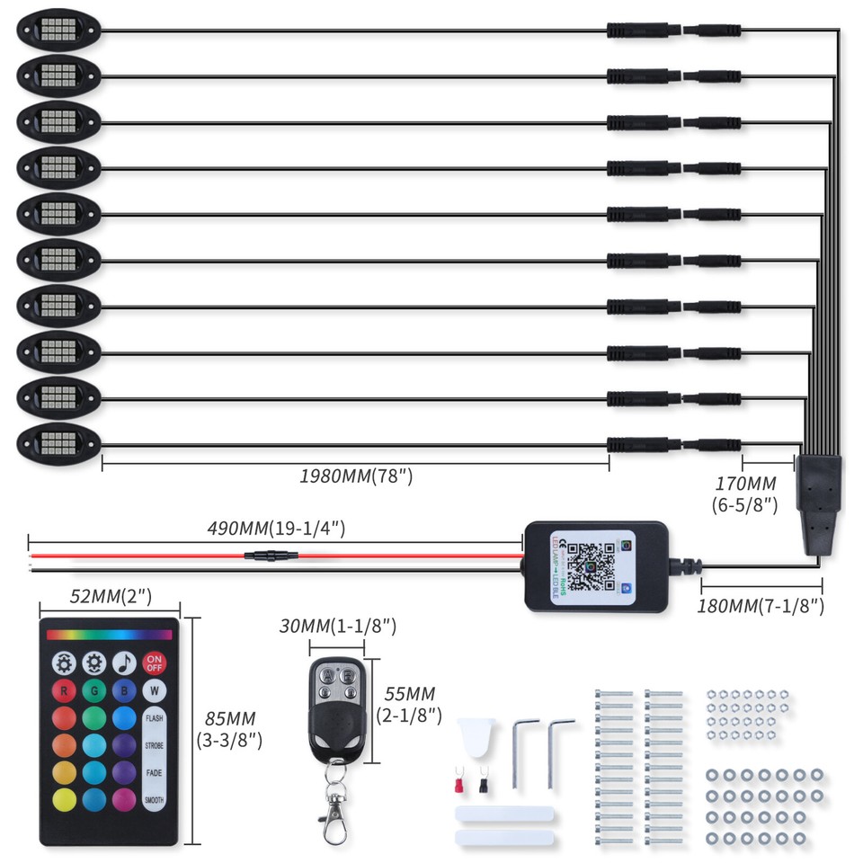 10 Rock Lights + 2x 1ft LED COB RGB Whips Light For Jeep Wrangler JL JK ...