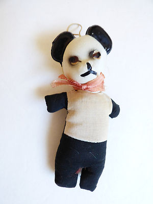 VTG RARE PANDA BEAR CLOTH SAWDUST STUFFED CELLULOID HEAD SILK RIBBON ...