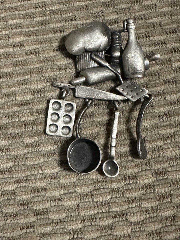 Vintage Brooch Pin Chef Hat Utensils Knife Pan Spoons Signed AJC Silver ...