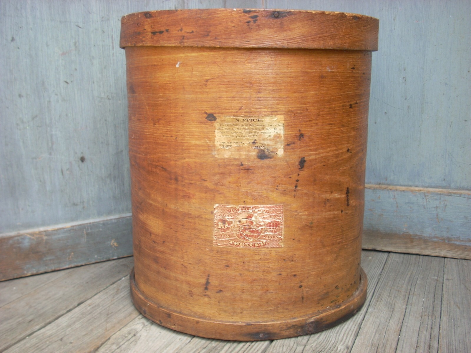 Antique large bent wood Firkin Pantry Box TOBACCO Container Stenciling ...