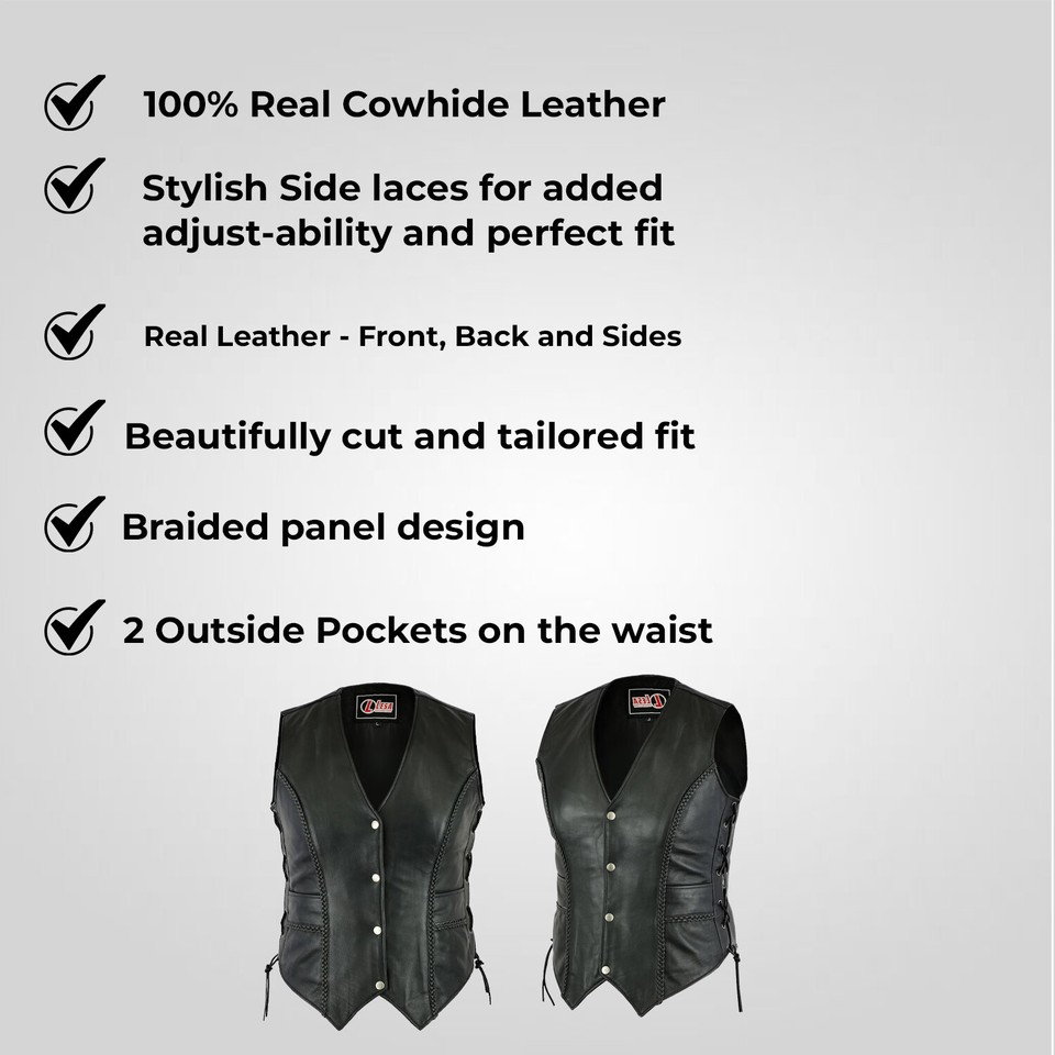 Ladies Real Leather Laced Up Motorcycle Biker Waistcoat Womens Gillette ...