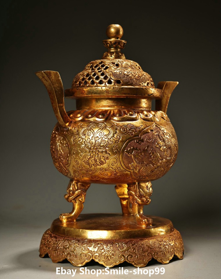 8" China Dynasty Pure Bronze Gilt Fengshui Dragon Beast Incense Burner ...