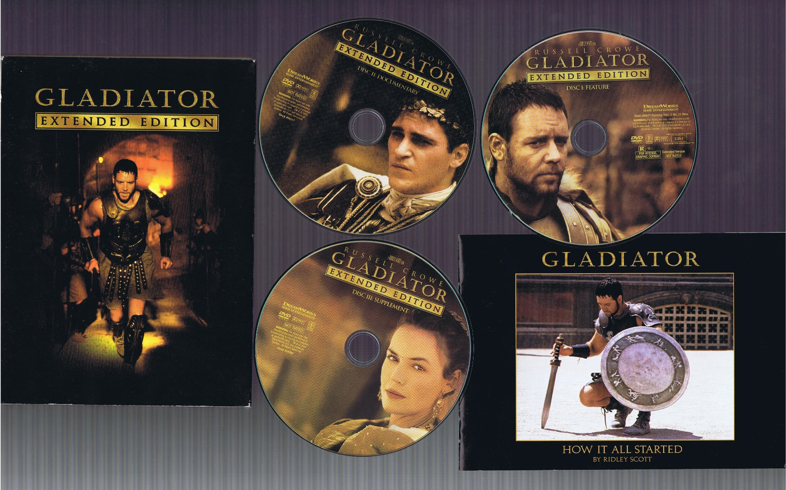 GLADIATOR EXTENDED 3 Disc ED. (DVD) RUSSELL CROWE Disc 1 Good/ Disc 2 ...