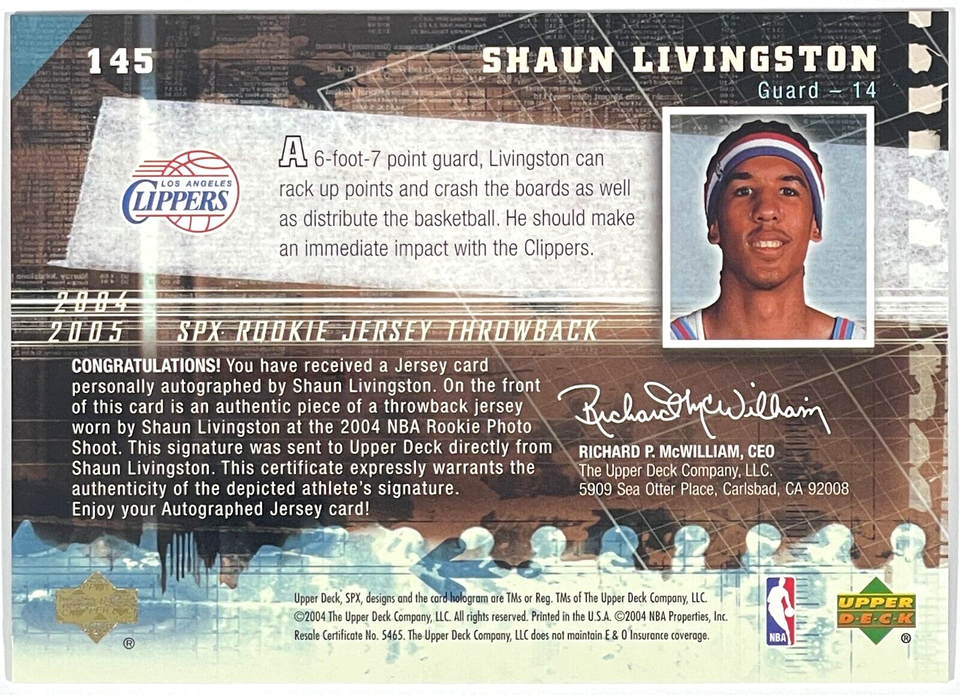 2004-05 Upper Deck SPx Rookie Jersey Throwback Shaun Livingston Auto RC ...
