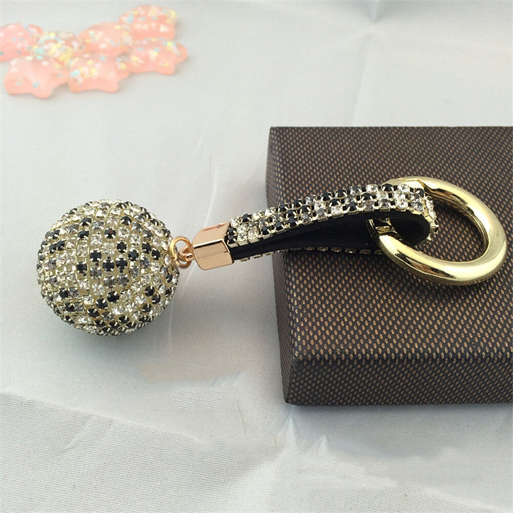 Women Key Ring Rhinestone Leather Strap Crystal Ball Car Keychain ...