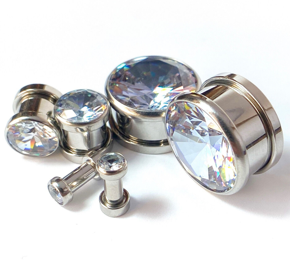 PAIR Large Gem Screw Fit Tunnels Ear Plugs Gauges Pierced Piercing Body ...