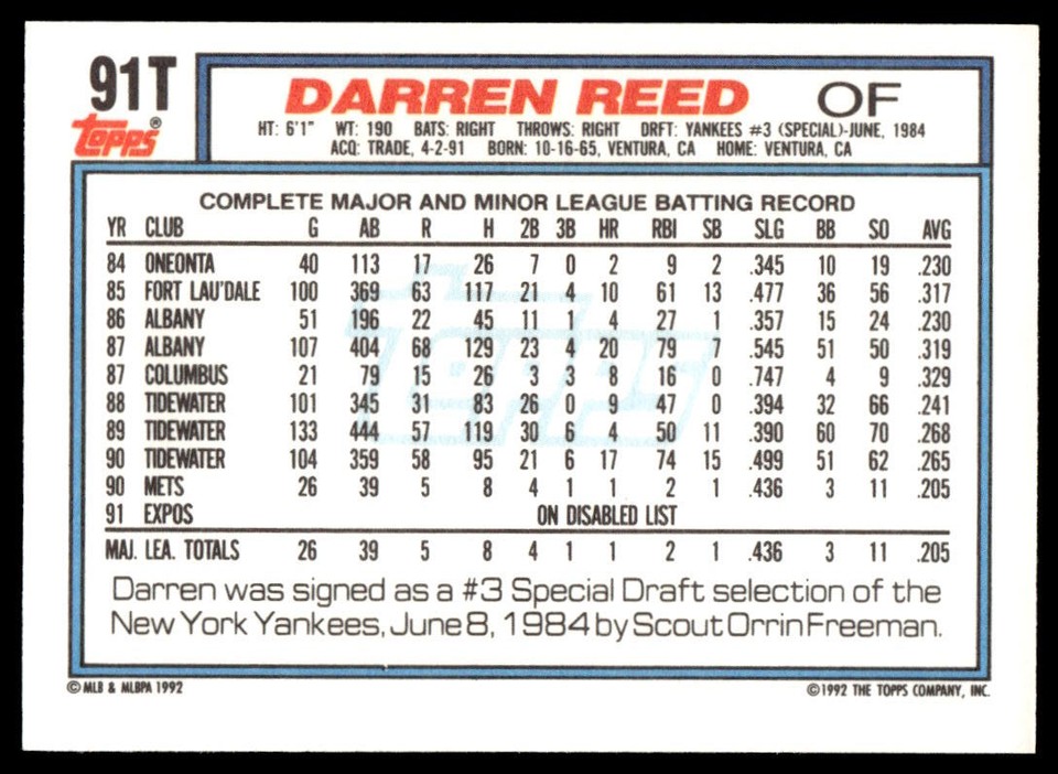 1992 Topps Traded 91T Darren Reed Montreal Expos Baseball Card | eBay