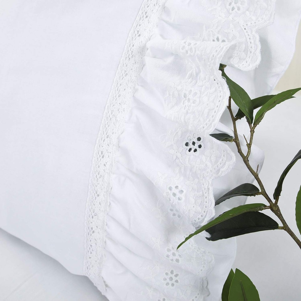 Eyelet Pillow Shams Lace Ruffled Standard White Shabby Chic Farmhouse ...