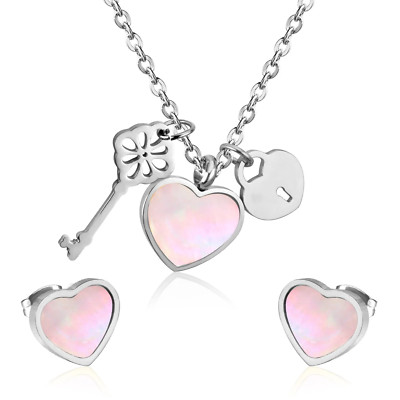 Silver Stainless Steel Pink Heart Lock and Key Pendant Set with Heart ...