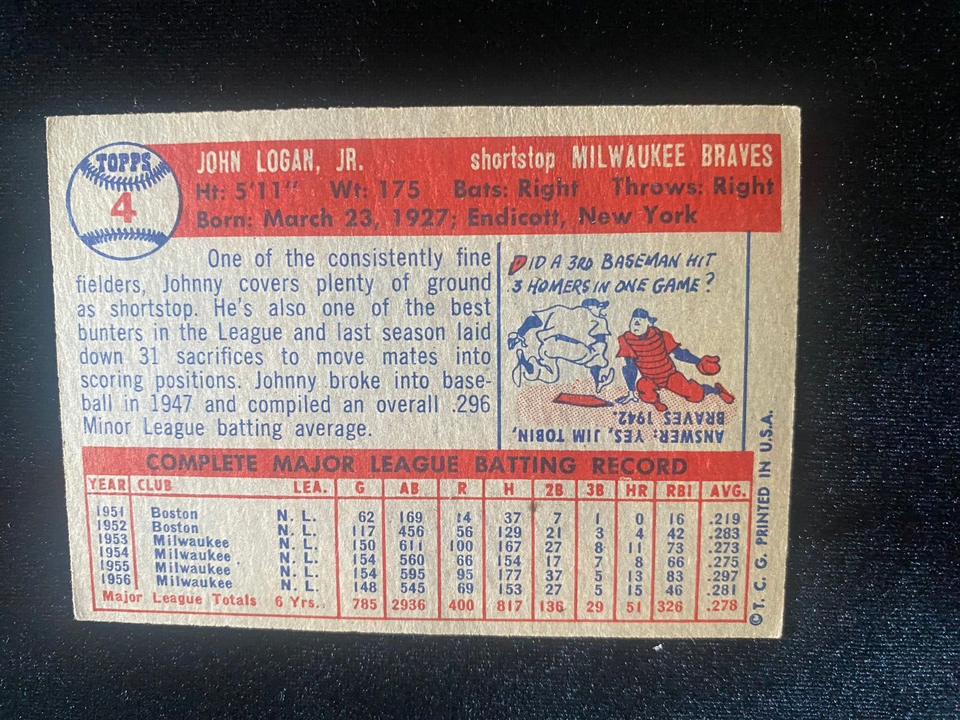 1957 TOPPS BASEBALL #4 - JOHNNY LOGAN - MILWAUKEE BRAVES - EXC -NMT | eBay
