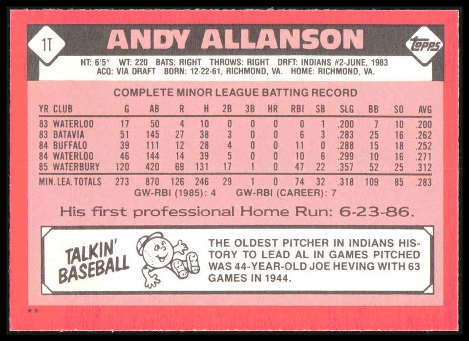 1986 Topps Traded Andy Allanson #1T Cleveland Indians 5K | eBay