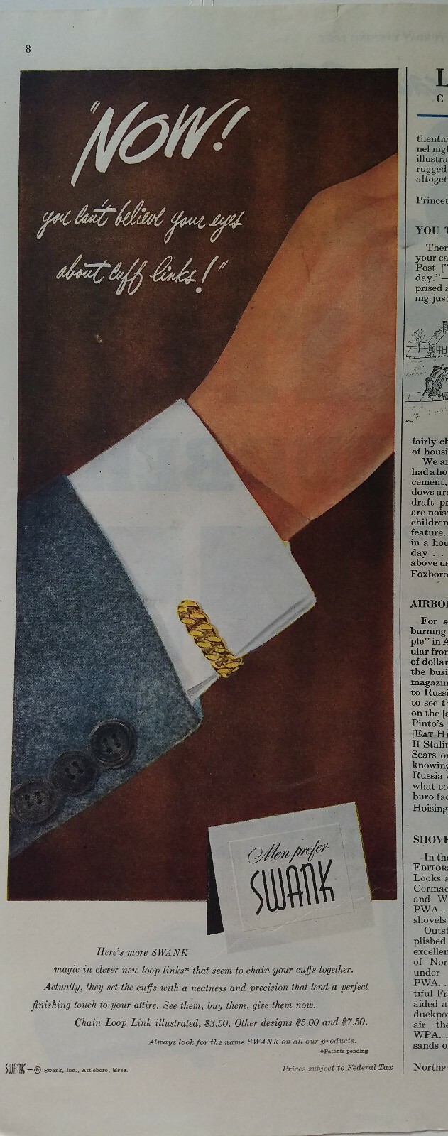 1948 men prefer Swank gold shirt cufflinks chain loop length style ...