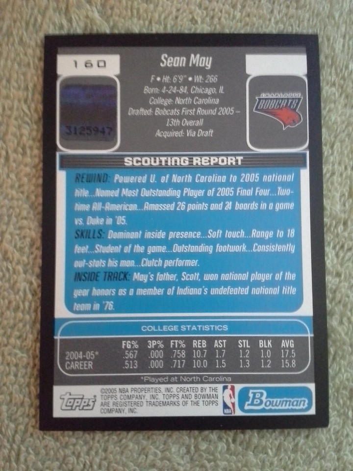 2005-06 Bowman Sean May Rookie RC Autograph Charlotte Bobcats UNC | eBay